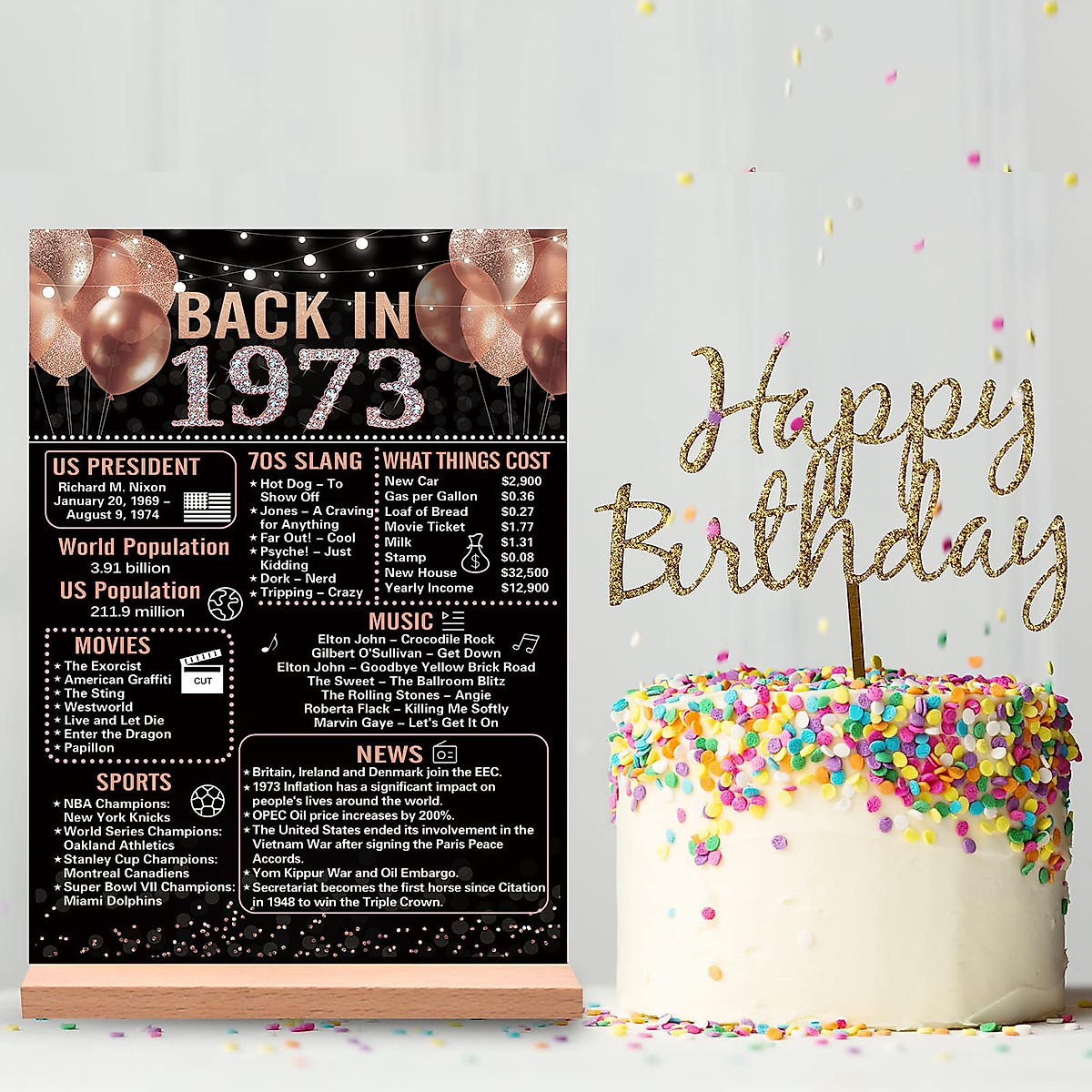 Trgowaul 50th Birthday Decorations Set: Includes Rose Gold Birthday Backdrop Banner 5.9 X 3.6 Fts, Rose Gold Back in 1973 Birthday Poster Acrylic Table Sign with Stand
