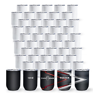 sweet grain 12oz Sublimation Wine Tumblers Blanks(50Pack) - Stainless Steel Insulated Sublimation Stemless Wine Tumbler Bulk with Lids & Straw for Wine/Coffee/Cocktail