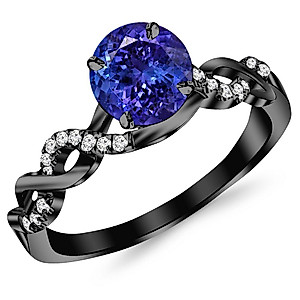 1.13 Carat 14K Black Gold Twisting Infinity Gold and Diamond Split Shank Pave Set Diamond Engagement Ring with a 1 Carat Natural Tanzanite Center (Heirloom Quality)