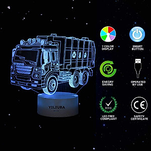 Garbage Truck Car Gift Night Lights for Kids 3D Lamp LED Desk Lamps for Boys Decor Bedroom Room USB plugs 7 Color Gradual Changing Truck Light or Birthday Xmas Party Festival Decor Children Gifts