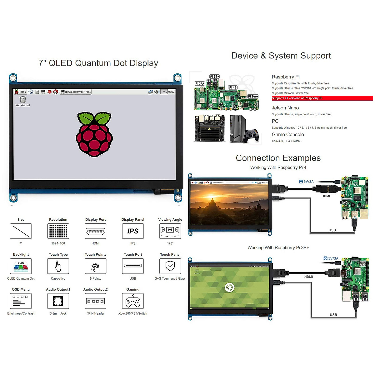 TOP1 7 inch QLED Quantum Dot Display Capacitive Touch Screen Monitor 1024×600 G+G Toughened Glass Panel for Raspberry Pi/Jetson Nano/Game Console, 7HP-CAPQLED