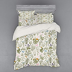Ambesonne Floral Duvet Cover Set, Vintage Garden Plants Herbs Flowers Botanical Classic Design Art, 4 Piece Bedding Set with Shams and Fitted Sheet, Queen Size, Pink Blue