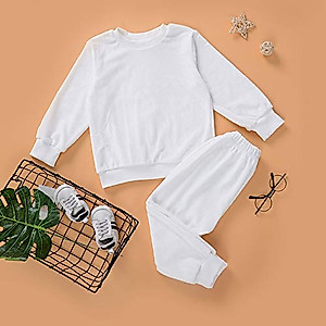 Mubineo Toddler Girl Boy Casual 2 PCS Solid Sweatsuit Set Basic Rib Knit Pullover Tops Pant Outfit (Q2 White, 6T)