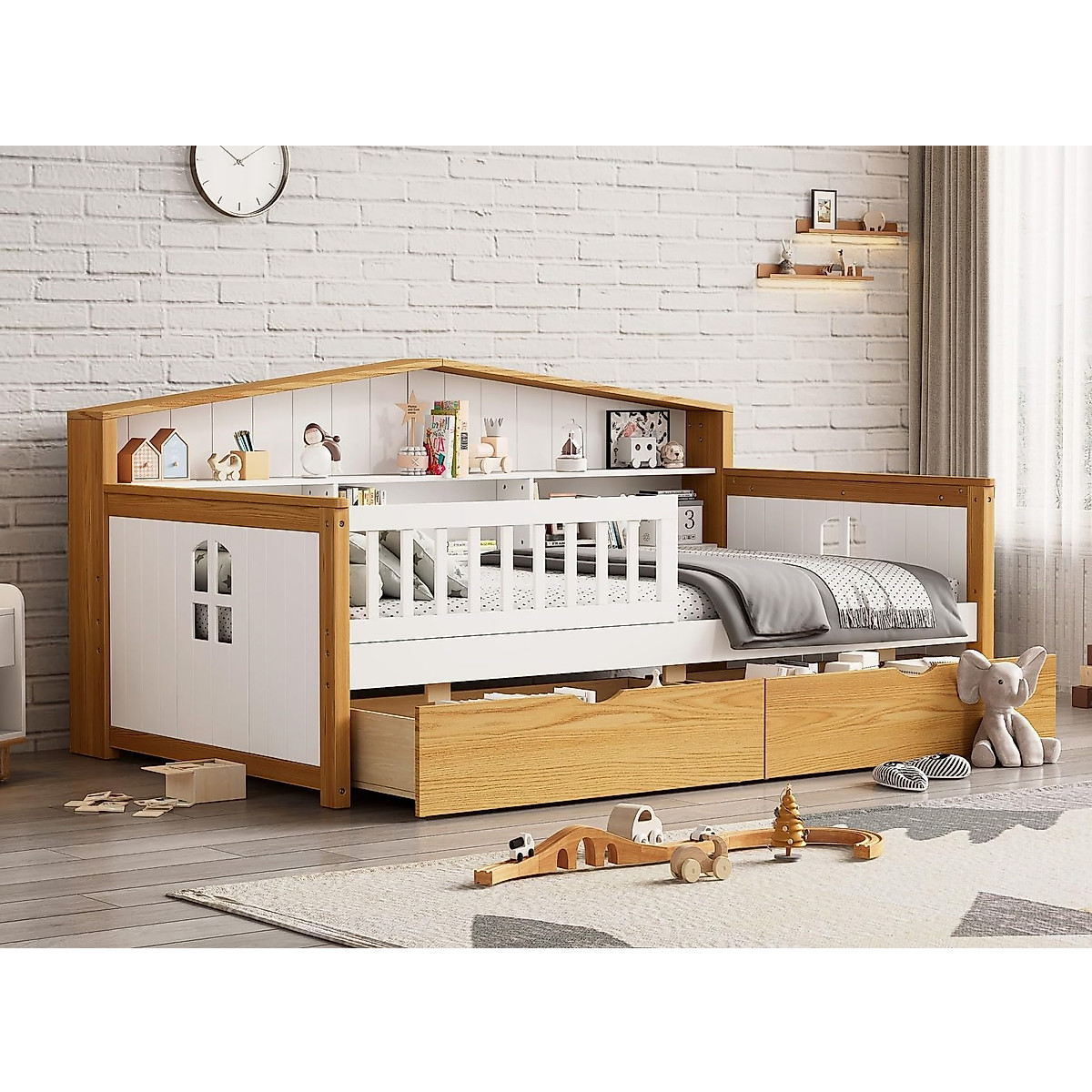 Merax Twin Size Bed Frames with 2 Storage Drawers and Bookcase Headboard, Montessori House Shape Daybed for Kids Girls Boys Teens, No Box Spring Needed