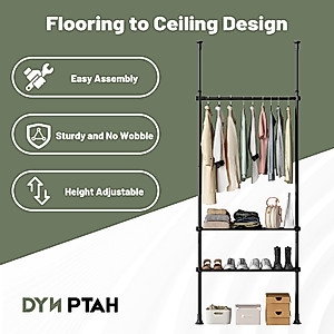 DYN Ptah Floor to Ceiling Adjustble Garment Rack, Heavy Duty Clothes Rack with 2 Shelves, Free Standing Clothing Hanger Tension Rod Cloth Storage Rack Black