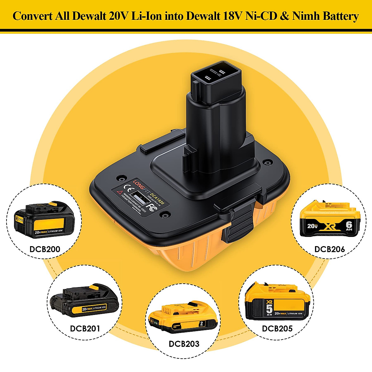 Replace for DeWalt Battery Adapter 18V to 20V DCA1820, Convert 20V Lithium Battery to 18V NiCad & NiMh Battery DC9096 DC9098 DC9099 DW9098 DW9096, with 5V USB Port, for Drills, Sanders and More