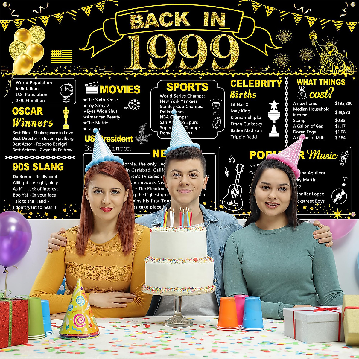 DARUNAXY 25th Birthday Black Gold Party Decoration, Back in 1999 Banner 25 Year Old Birthday Party Poster Supplies Vintage 1999 Backdrop Photography Background for Men & Women 25th Class Reunion Decor