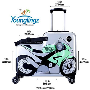 Younglingz Lil Flyer 20" kid ride on suitcase child stroller spinner luggage (Green Motorcycle)