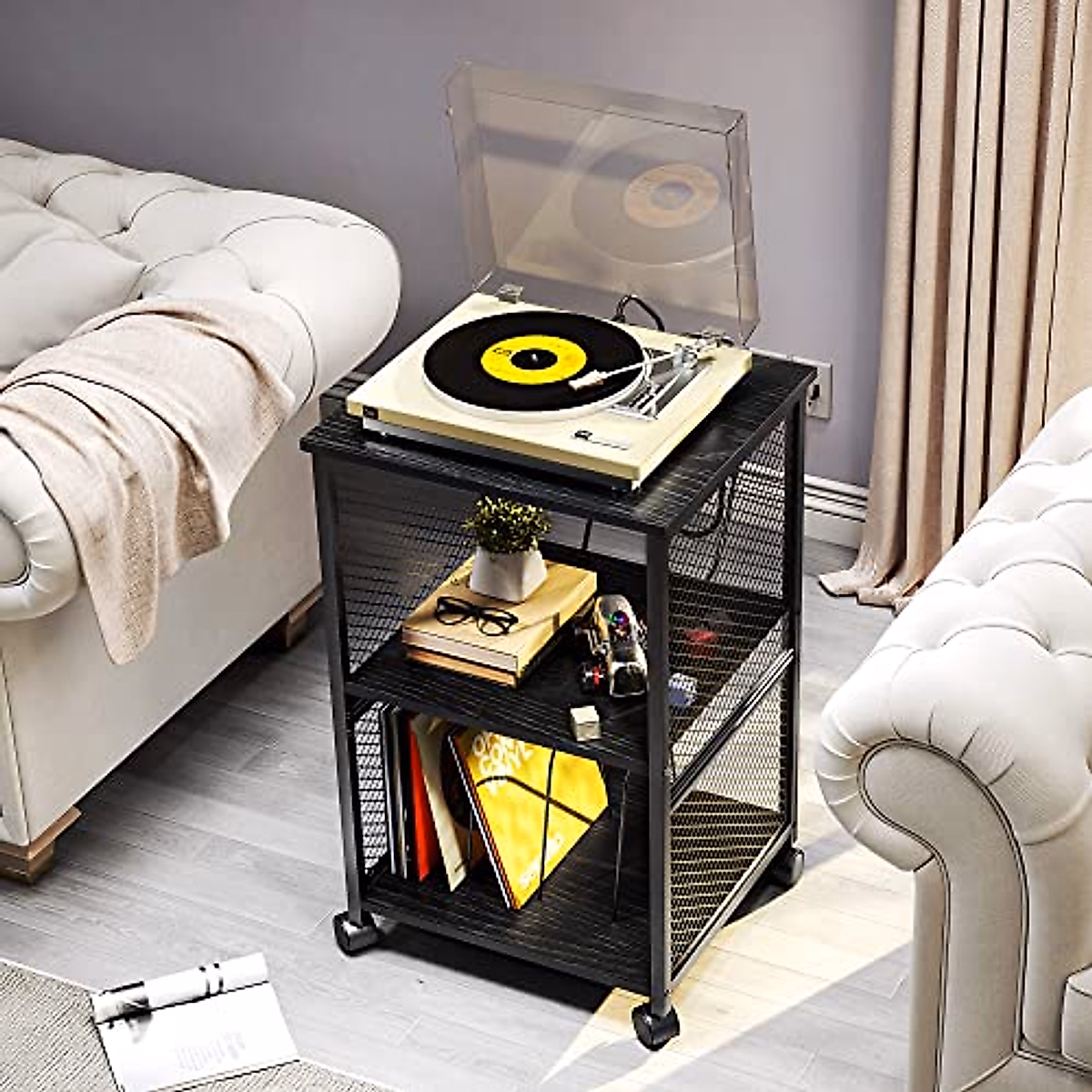 TC-HOMENY Vinyl Record Storage Table, 3-Tier Record Player Stand with 3 Quick-Release Divider Up to 200 Albums, Fashion Turntable Stand for Bedroom Living Room and Office