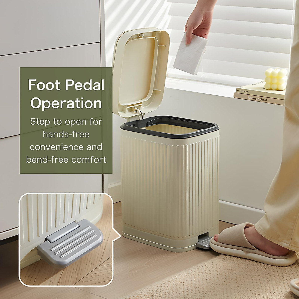 Small Bathroom Trash Can with Lid, Press-Top Lid & Foot Pedal 2-in-1 Garbage Can, 2.6 Gal Plastic Wastebasket Soft Close, Dog proof, Slim Step-On Trash Bin for Kitchen, Office, Bedroom, Dorm-White-10L