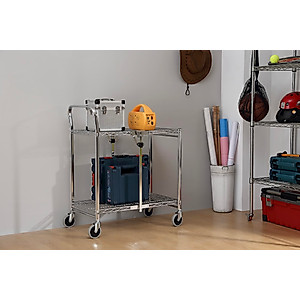 StorageMax 2 Tier Commercial Grade Heavy Duty Utility Cart | Holds up to 300lbs | Easy Foldable | Durable Chrome Plated Steel Heavy Duty Rolling Cart for Garage, Warehouse, Showroom and Office