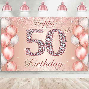 Happy 50th Birthday Rose Gold Banner Cheers to 50 Years Old Backdrop Confetti Balloons Theme Decor for Women 50 Years Old Pink Birthday Party Decorations Bday Supplies Background Favors Gift Glitter