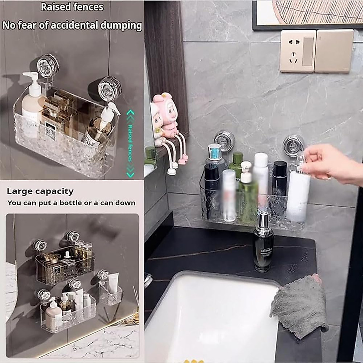 Light Luxury Style Glacier Pattern Suction Cup Shelf, Light Luxury Style Punch-Free Storage Rack, Suction Cup Shower Caddy, No-Drilling Wall Mounted Large Capacity Shower Basket (Clear-Large)