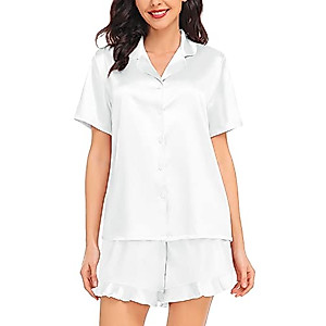 SWOMOG Womens Silk Satin Pajamas Set Two-piece Ruffle Sleepwear Loungewear Button-Down Pj Sets White