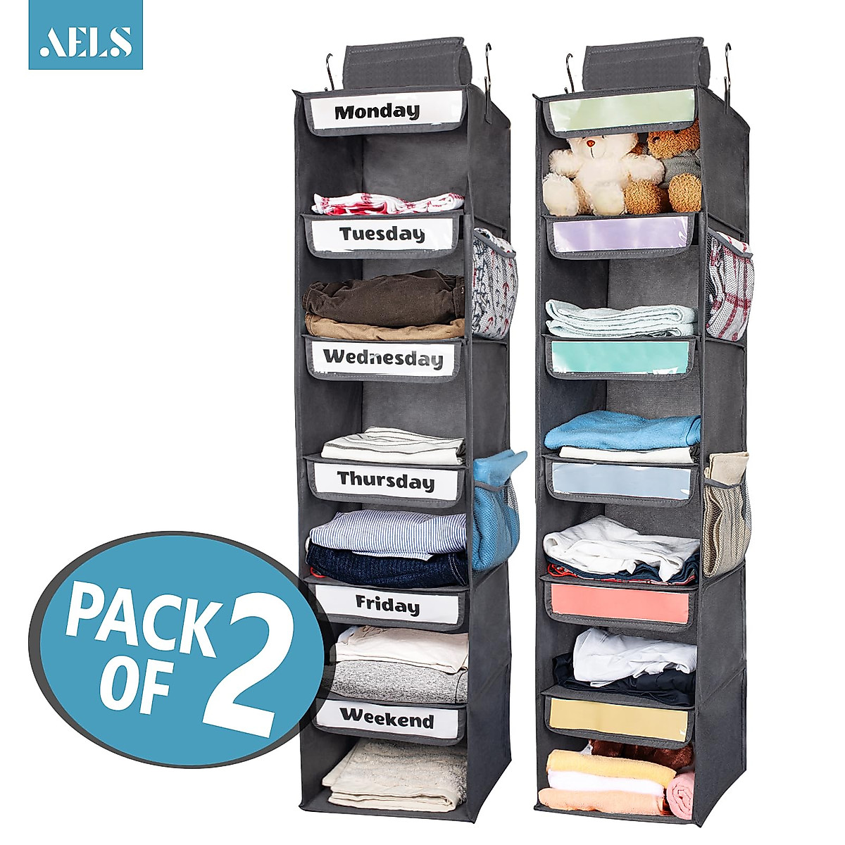AELS 6-Shelf Weekly Clothes Organizer Set of 2, Hanging Closet Organizer for Kids & Adults, Monday Through Friday with Visual Label, Prepare & Organize Clothing, Shoes & After School Activities
