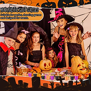 Yinkin Halloween Plastic Shot Glasses Bulk 2 oz Disposable Mini Shot Cups for Halloween Party Supplies Bachelorette Birthday Tasting Serving Samples(Black, Orange, Purple,150 Pcs)