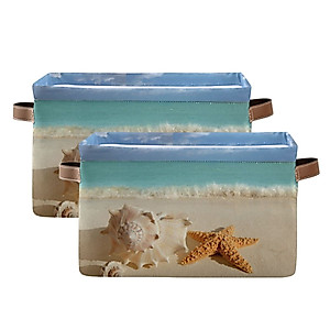 ALAZA Sea Shells Starfish Sand Turquoise Foldable Storage Box Storage Basket Organizer Bins with Handles for Shelf Closet Living Room Bedroom Home Office 1 Pack