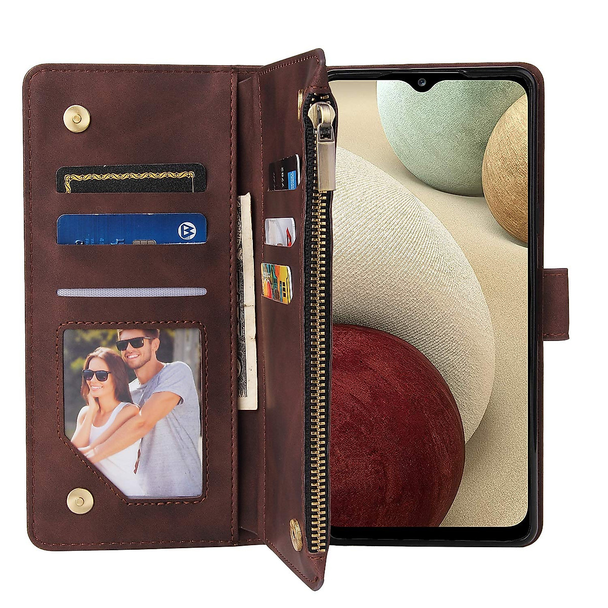 LBYZCASE Phone Case for Galaxy A12,Samsung A12 Wallet Case,Luxury Folio Flip Leather Cover[Zipper Pocket][Wrist Strap][Kickstand] for Samsung Galaxy A12 (Coffee)