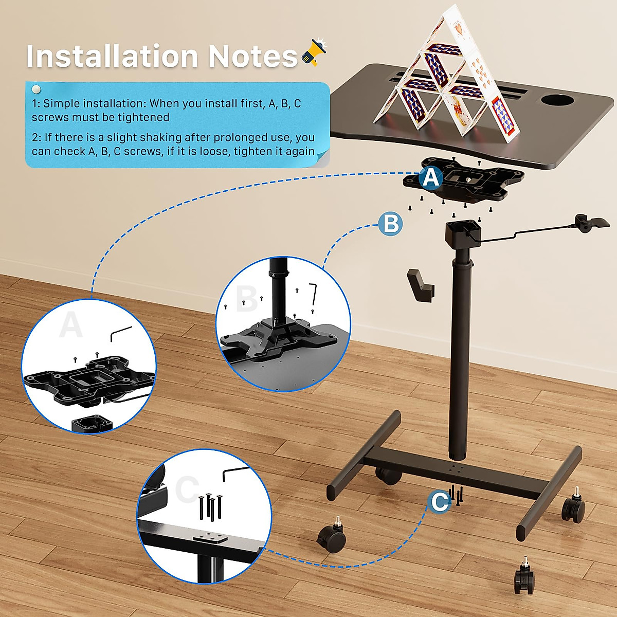 JYLH JOYSEEKER Mobile Standing Desk, 28 inch Height Adjustable Rolling Laptop Desk, Pneumatic Sit Stand Desk with Lockable Wheels, Portable Desk Workstation for Home Office, White