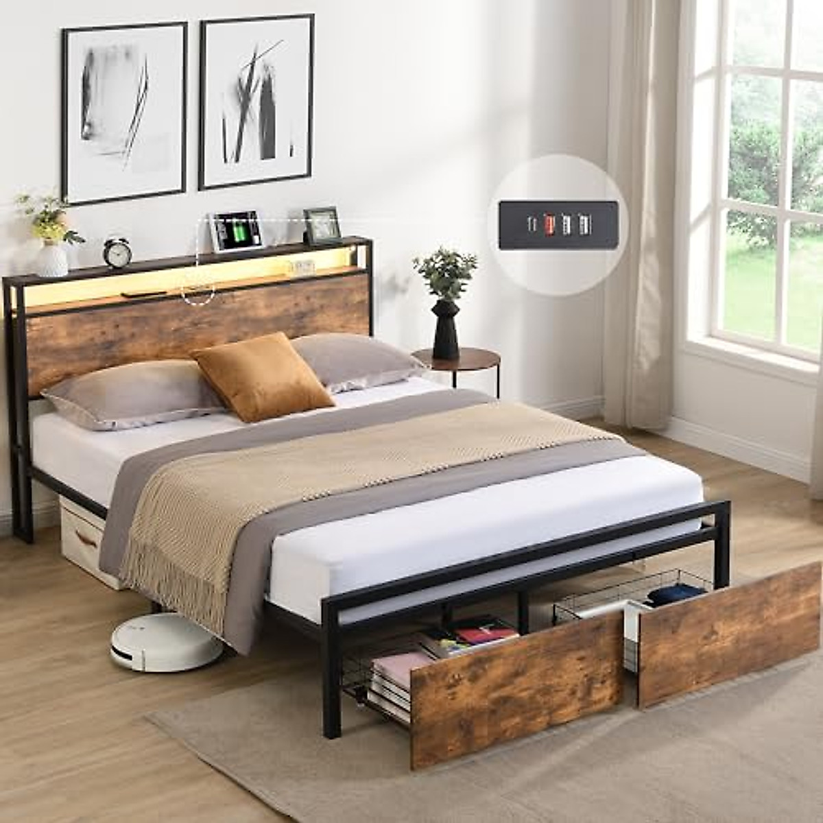 BACSWIHOM Queen Size Bed Frame with Storage Headboard and 2 Drawers, LED Lights Bed with Charging Station, Metal Platform No Noise, Mattress Foundation Strong Metal Slats Support No Box Spring Needed