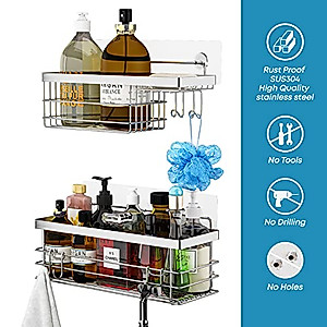 KESOL Shower Caddy and Soap Dish with Hooks Shower Shelf Shower Organizer, No Drilling Adhesive Wall Mounted Bathroom Shelf, Rustproof SUS304 Stainless Steel (2 Pack), Silver