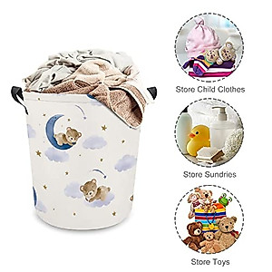 Cute Bear Pattern Waterproof Laundry Baskets Moon Stars Collapsible Laundry Hamper with Handles Large Round Toy Bin for Dirty Clothes,Kids Toys,Bedroom,Bathroom
