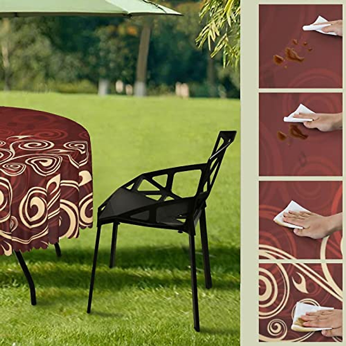 Lirduipu Burgundy Pattern Round Outdoor Tablecloth,Round Tablecloth with Umbrella Hole and Zipper for Patio Garden,Waterproof Spill-Proof,for Outdoor Umbrella Table(52" Round,Cream Ruby)