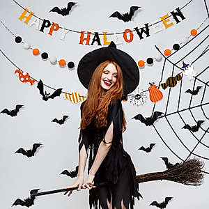 Happy Halloween Banner Pom Pom Garland Set and Halloween Bat Candy Banner with Black Bat Wall Sticker for Halloween Party Decorations Home Decor