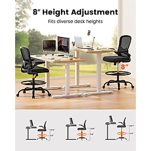 ErGear Drafting Chair, Standing Desk Chair with Flip-Up Armrests, High Desk Chair Adjustable Height, Ergonomic Tall Office Chair with Lumbar Support and Adjustable Footrest Ring