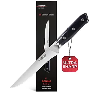 Boston Steel Boning Knife 6 Inch G1.4116 Carbon Stainless Steel Sharp Full Tang Kitchen Fillet Knife with Pakka Wood Ergonomic Handle Design for Meat Cutting, Kitchen Knives in Premium Gift Box