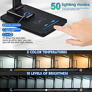 JOSTIC Led Desk lamp with Fast Wireless Charger, Night Lighting, USB Charging Port, 10 Brightness 5 Color, Natural Light Eye Caring Reading Lamp, Desk Light for Home Office, Bedside Table Lamp, Black