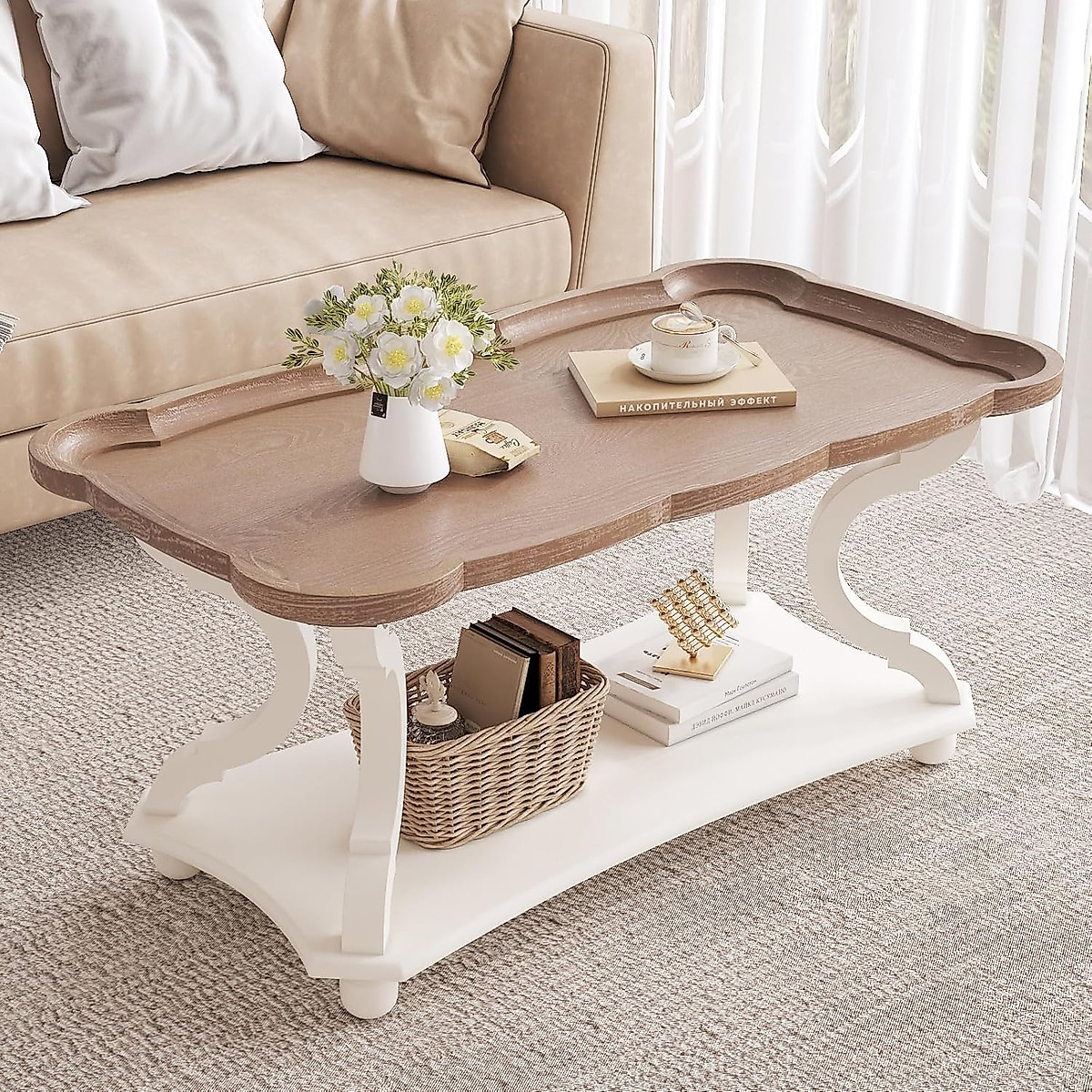 Function Home Farmhouse Coffee Table, Modern Cocktail Table with Storage Shelf, Sofa Table with Natural Tray Top and Carved Legs for Living Room, Bedroom, Dining Room in Vintage White