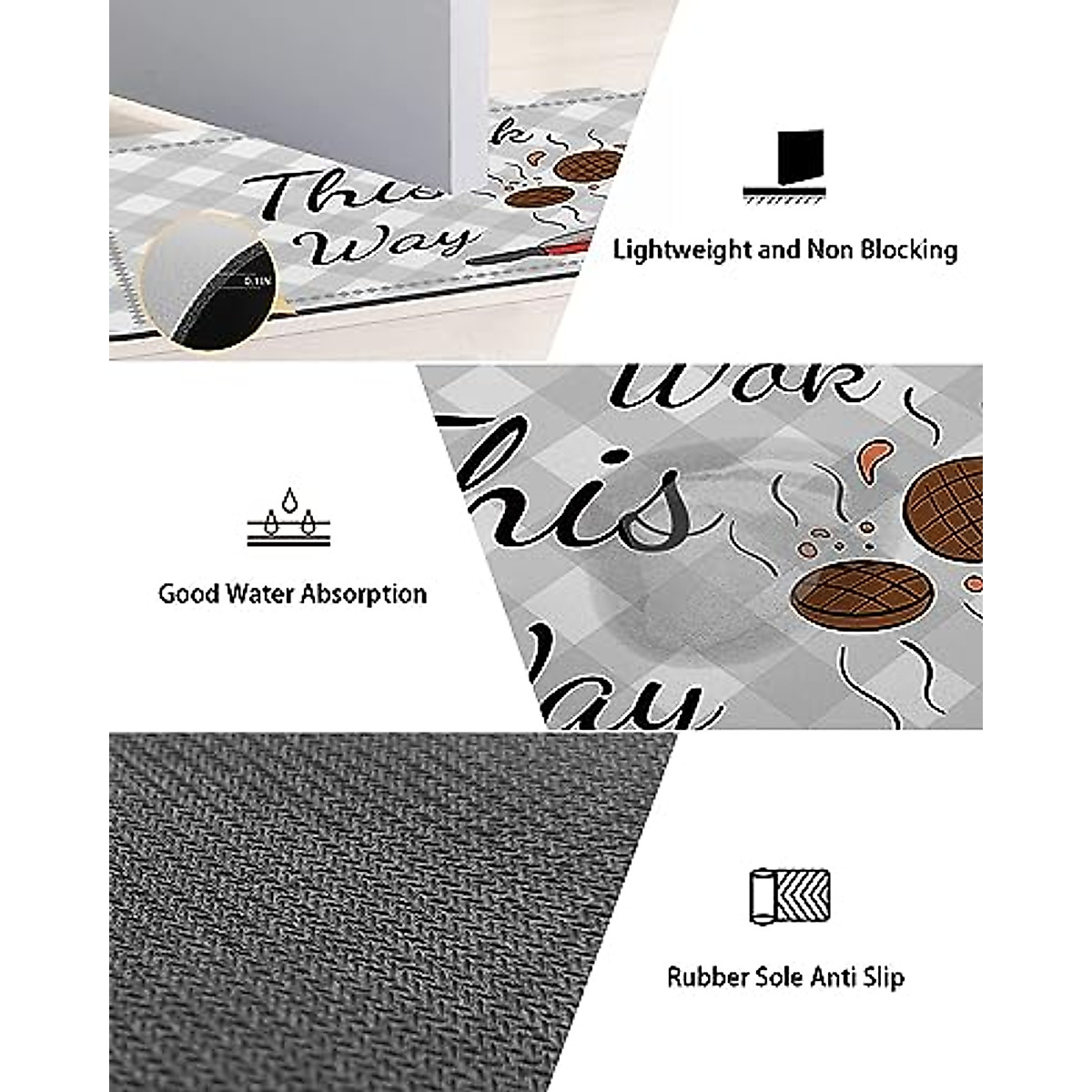 Gogobebe Super Absorbent Diatom Mud Mat Wok This Way Kitchen Sign Gray Checked Quick-Drying Thin Bath Mat Non-Slip Bathtub Mat Anti-Skid Rubber Bathroom Shower Mat 16x24in