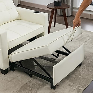 Futon Chair Bed, Modern Convertible Chair 3-in-1 Pull Out Sleeper Chair Beds with USB Ports, Single Sofa Recliner Couch Armchair Bed Sleeper for Living Room Apartment (White PU Leather)