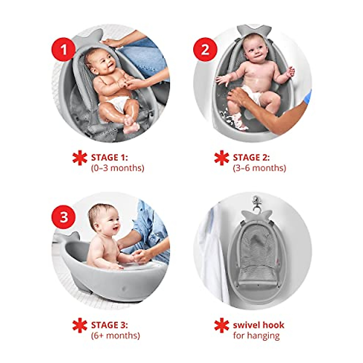 Skip Hop Baby Bath Tub, 3-Stage Smart Sling Tub, Moby, Grey