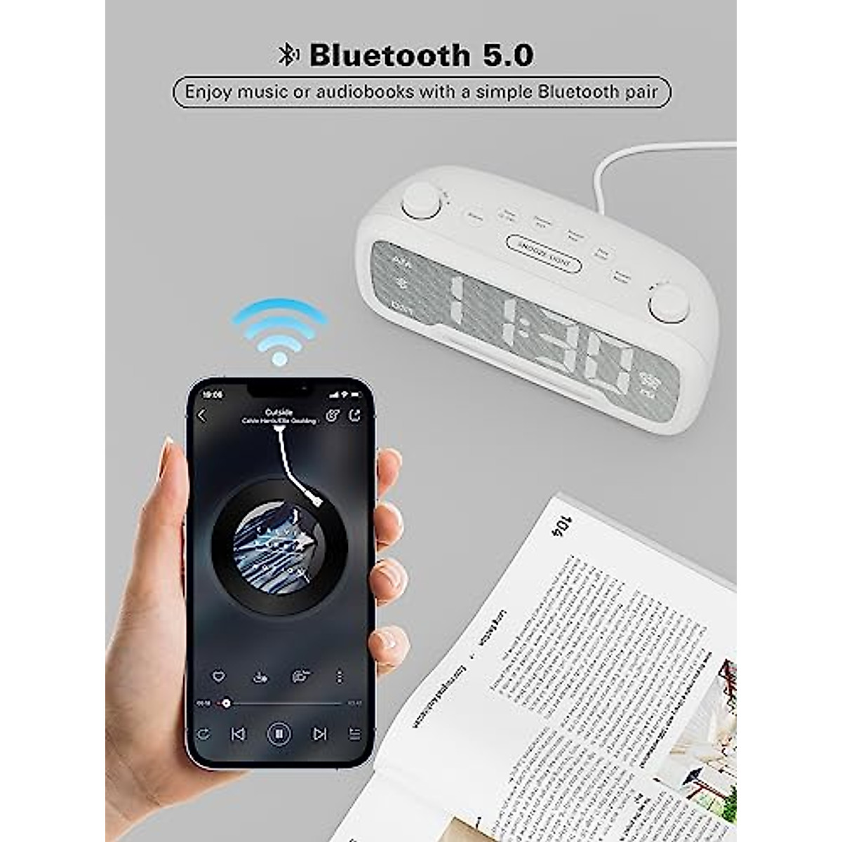 Alarm Clock with Bluetooth Speaker, FM Radio,Bedside Alarm Clock with 2 USB Chargers,Adjustable Dimmer and Volume,12/24H,Snooze,Battery Backup,Plugged in Clock Radio for Adult Kid Heavy Sleeper