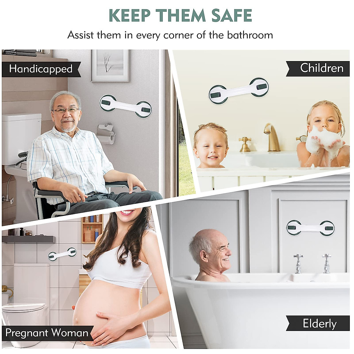 Grab Bars for Bathtubs and Showers, Strong Hold Suction Cup Handle (2 Pack) - Green