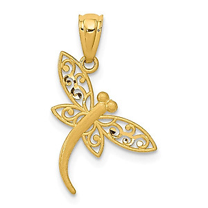 Solid 14k Yellow Gold Diamond-cut Dragonfly Brushed Matte Finish Pendant Charm - 21mm x 13mm