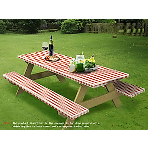 wagude Rectangle Vinyl Camping Picnic Table Cover + Benches 3-pc Set,30x72'' (6-FT) Flannel Backing Elastic Waterproof Wipeable red/White Checkered Plastic Tablecloth for Indoor Outdoor Patio Park