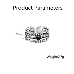 Black CZ Heart Ring for Mom Women Sterling Silver Statement Expandable Open Bands Infinity Love Rings Vintage Jewelry Dainty Anniversary Christmas Valentines Gift