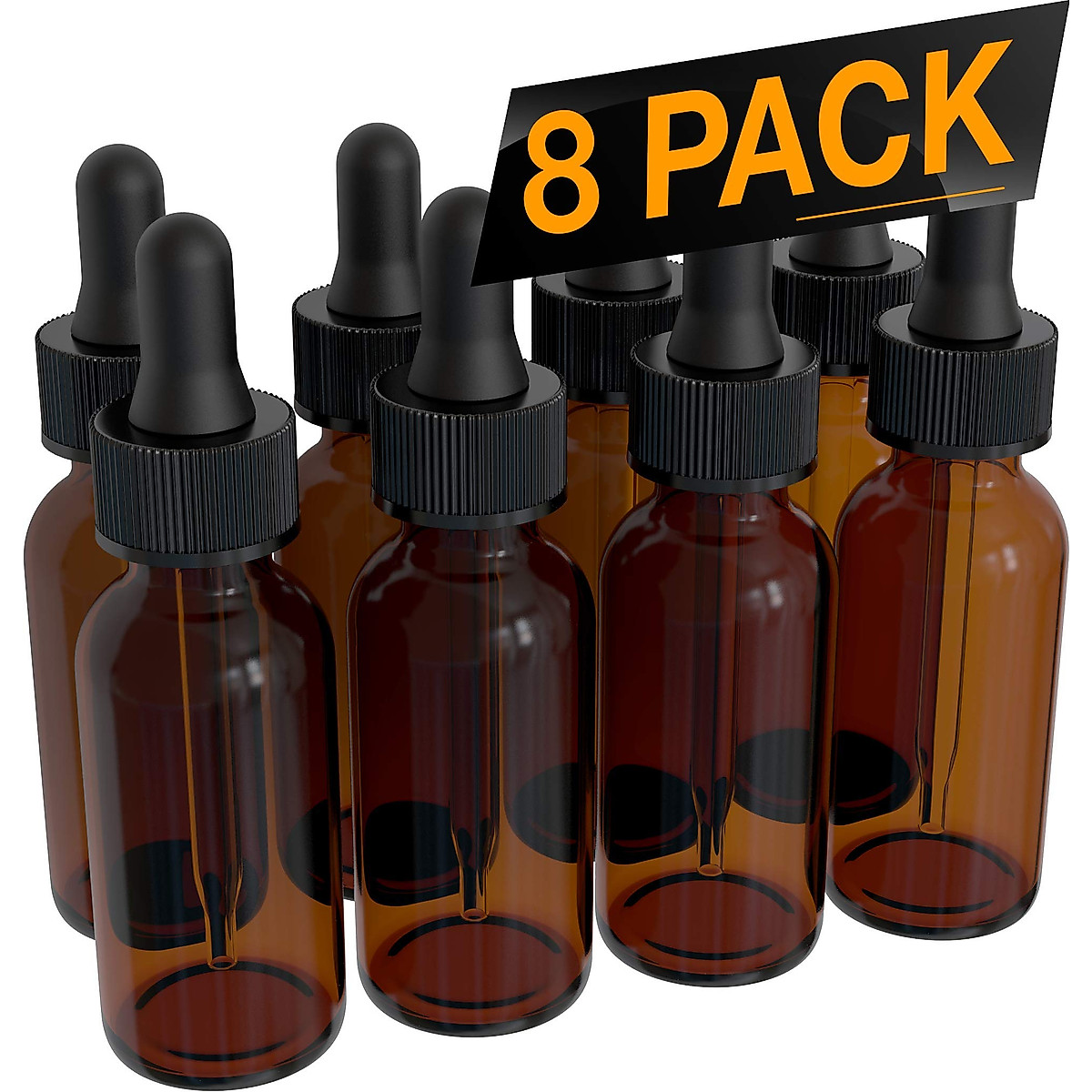 Nylea 8 Pack Essential Oil Bottles - Round Boston Empty Refillable Amber Bottle with Glass Dropper for Liquid Aromatherapy Fragrance Lot - (1 oz) 30ml