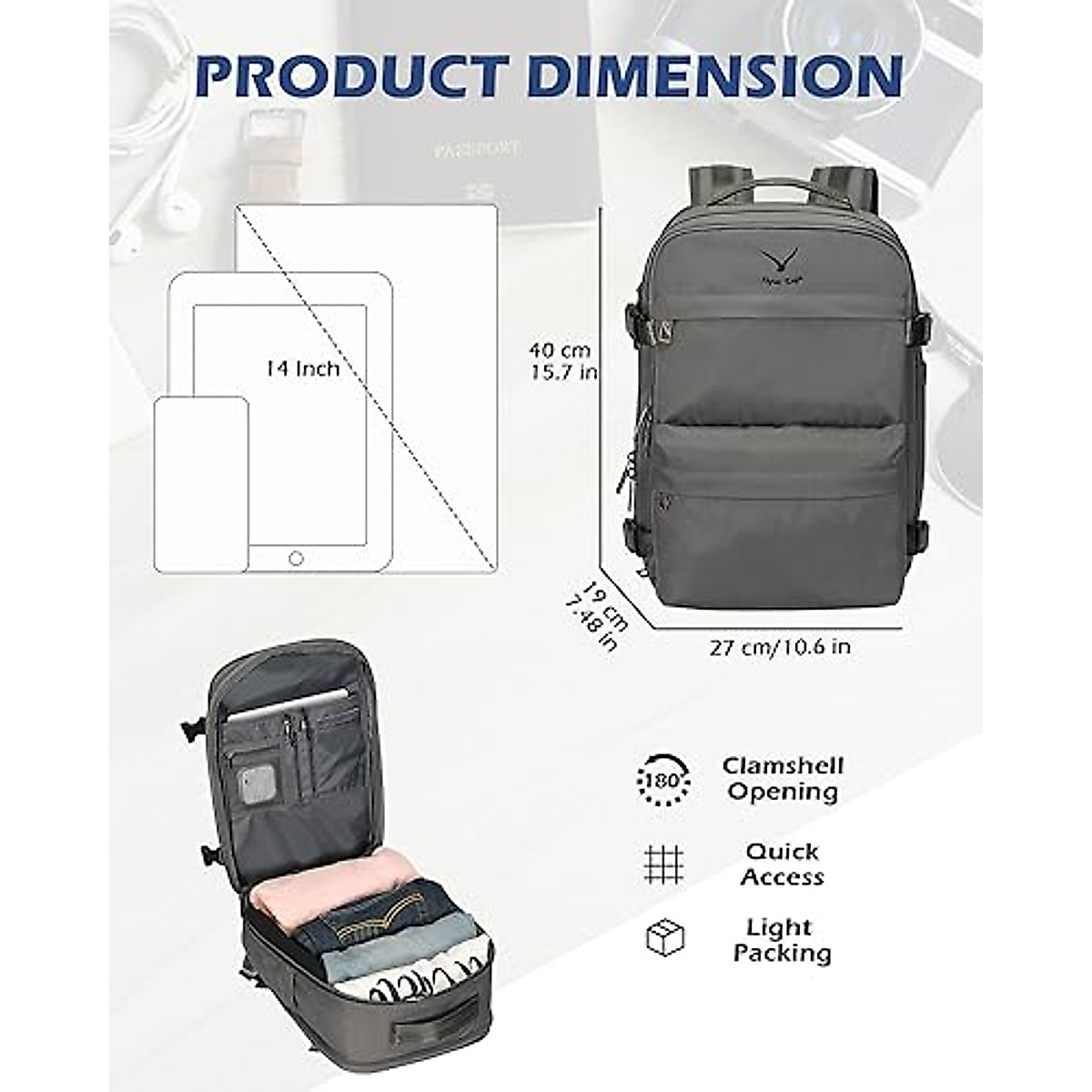 Hynes Eagle 20L Travel Backpack Carry on Backpack Women Men Personal Item Bag for Spirit Airlines Small Nylon Laptop Backpack 14 inches Grey