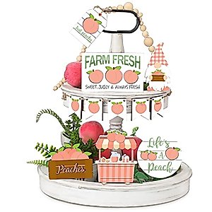Yalikop 11 Pieces Lemon Peach Pumpkin Tiered Tray Decor Set Gnome Fresh Lemonade Wooden Wood Blocks Standing Sign Decorations for Layered Pallets Summer Autumn (Peach Style)
