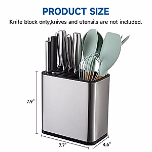 BIARTS 2 in 1 Universal Knife Block without Knives Stainless Steel Knife Holder for Kitchen Counter with Drainage Hole Knife Storage with Utensil Holder Modern Design, Rectangle, 7.7"L x 4.6"W x 7.9"H