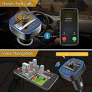 Bluetooth FM Transmitter for Car, Blue Ambient Ring Light Wireless Radio Car Receiver Adapter Kit with Hands-Free Calling, Dual USB Charger 5V/2.4A and 1A, Support SD Card, USB Disk (Black)