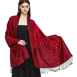 Gragengs Pashmina Shawl Wrap with Ethnic Paisley Two Tone Jacquard Scarf for Women,Paisley-Black Red