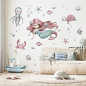 Mfault Mermaid Under The Sea Wall Decals Stickers, Baby Girls Ocean Creatures Nursery Decoration Bedroom Playroom Art, Octopus Turtles Crab Shell Bubble Fish Kids Room Bathroom Home Decor