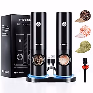 Moocoo Upgraded Electric Salt and Pepper Grinder Set with Fast Rechargeable Base & LED Light, Large Capacity, Adjustable Coarseness, Automatic One Hand Operated Salt Pepper Mill Grinder Refillable