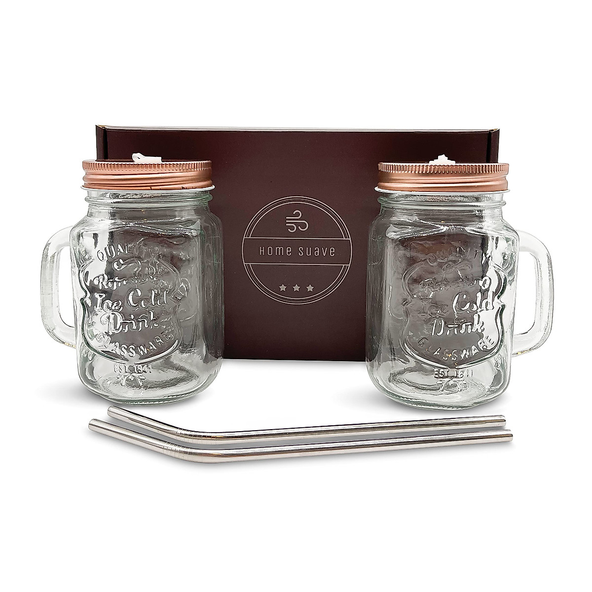 Home Suave - Gift Box with Set of 2 Mason Jar Mugs with Handle, Regular Mouth Colorful Lids with 2 Reusable Stainless Steel Straw, Set of 2 (Rose Gold), Kitchen GLASS 16 oz tumblers, Dishwasher Safe