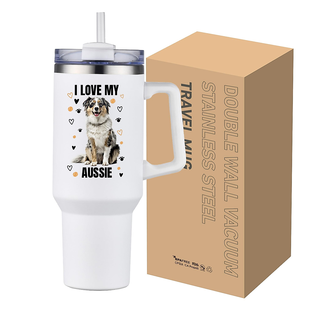 Dog Gifts, Dog Mug : 40 oz Tumbler with Handle and Straw, Travel Coffee Mug, Insulated Tumblers, Coffee Tumbler - Dog Mom Gifts for Women, Dog Lover Gifts, Dog Gifts for Women (Aussie Dog Gifts)